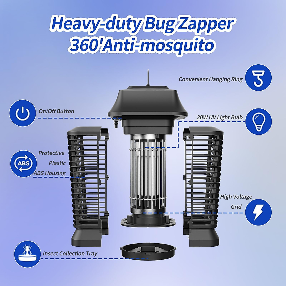 Bug Zapper Outdoor, 2024 Upgraded Mosquito Zapper for Indoors with Powerful 20W Bulb, 4200V Waterproof Fly Zapper,Electric Fly Traps Outdoor Mosquito Killer for Home,Backyard,Patio Yard,8.2Ft Cord