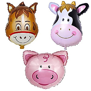 HORUIUS Farm Animal Balloons Pig Cow Horse Donkey Shaped Foil Mylar Balloon for Baby Shower Farm Animals Theme Birthday Party Supplies Decorations 3PCS