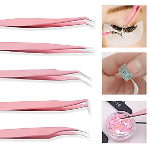 5 Pieces Eyelash Tweezers Sets, High Precision Stainless Steel Eyelash Extension Tweezers with Box, Straight and Curved Tip Tweezers, Eyelash Extension Volume Tweezers for Lash Extensions