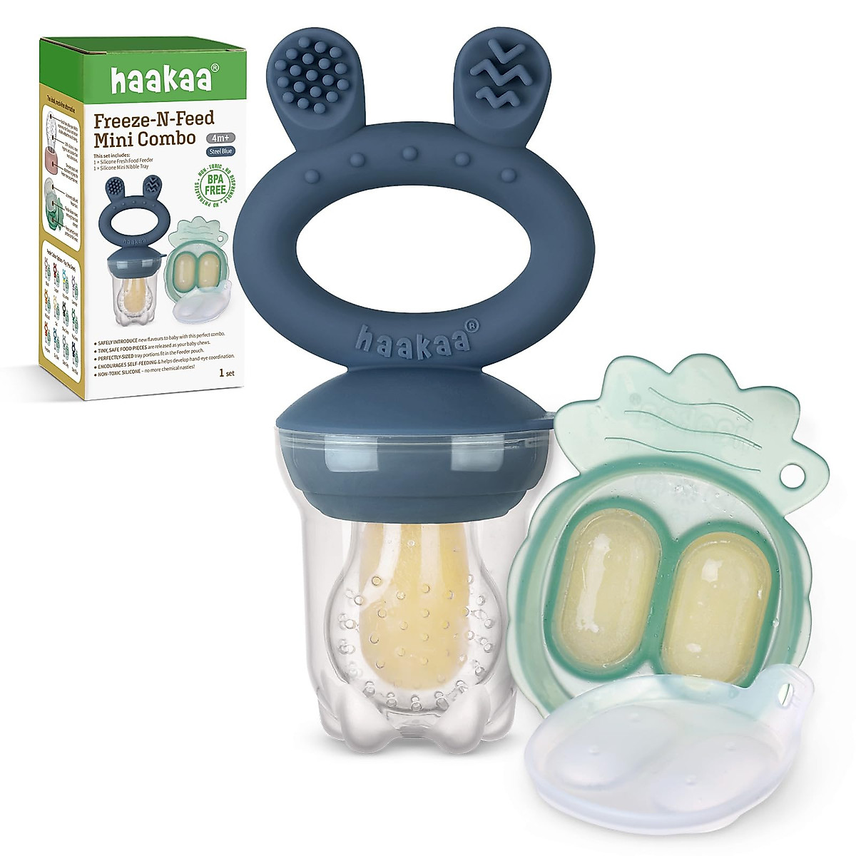 Haakaa Baby Fruit Food Feeder & Mini Freezer Nibble Tray Combo, Breastmilk Popsicle Molds for Baby Cooling Relief, BPA Free Silicone Feeder for Safe Infant Self Feeding, 4 Month+ (Steel Blue)