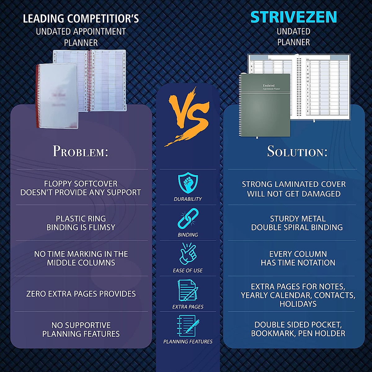 Appointment Book, Schedule Planner by StriveZen, 2024 2025, Daily, Hourly, 15 Minutes Increments, Weekly Scheduling, 7" x 8-3/4", Pockets, 128 Pages, HARDCOVER, UNDATED