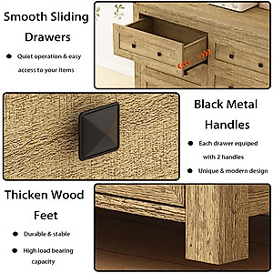 Dresser for Bedroom with 6 Drawers, Farmhouse Wood Chest of Drawers, Modern TV Stand Closet Storage Furniture with Metal Handle, Wide Clothes Organizer for Hallway, Living Room, Entryway, Gold Oak