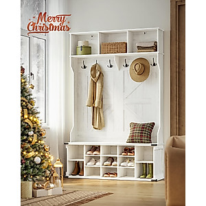 VASAGLE Hall Tree with Bench and Shoe Storage, Coat Rack with Shoe Bench, Entryway Furniture, 16 Open Compartments, 6 Tri-Hooks, Farmhouse Style, Space Saving, Rustic White UHSR427W02