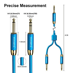 NUOSIYA 1/4 Insert Cable, 6.35mm 1/4" TRS to Dual 6.35mm 1/4" TS Mono Stereo Y-Cable Splitter Cord Compatible for Speaker,Amplifier, Home Stereo Systems -6.5ft