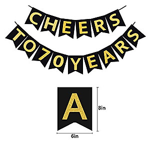 Trgowaul 70th Birthday Party Decorations Kit- Gold Glittery Cheers to 70 Years Banner, Pom Poms, 6Pcs Sparkling 70 Hanging Swirl, 1 Gold Number Balloon and 15 Confetti Balloons 70 Birthday Decoration