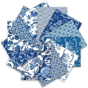 Whaline 12Pcs Blue Chinoiserie Cotton Fabric Bundles 18 x 22 Inch White Blue China Fat Quarters Oriental Quilting Patchwork Squares Sewing Fabrics for DIY Handmade Craft Party Decor