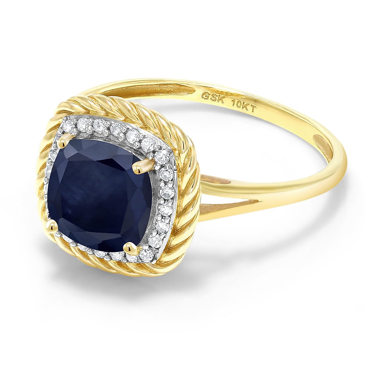 Gem Stone King 10K Yellow Gold Gemstone Birthstone and White Diamond Engagement Ring | Cushion 7MM | Wedding Engagement Anniversary Promise Gold Ring For Women