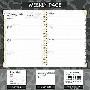 Knagsfa 2024 Monthly Planner, Jan 2024 - Dec 2024 Weekly Monthly Planner 6.5" x 8.5" with Page Tabs, Calendar Hardcover with Inner Pocket, Elastic Band, Twin-Wire Binding, Bookmark,Black Leopard