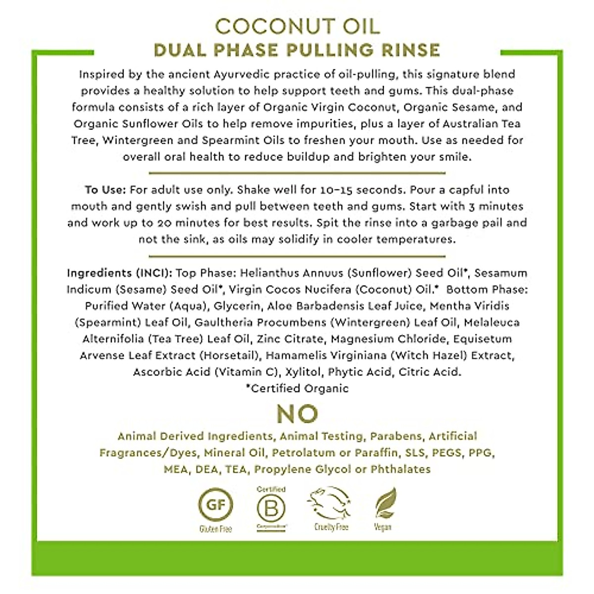 Desert Essence Coconut Oil Dual Phase Pulling Rinse, Mint, 8 fl oz - Alcohol Free, Sugar Free, Gluten Free, Vegan, Non-GMO - Organic Virgin Coconut Oil, Sesame Oil, Sunflower Oil & Tea Tree Oil
