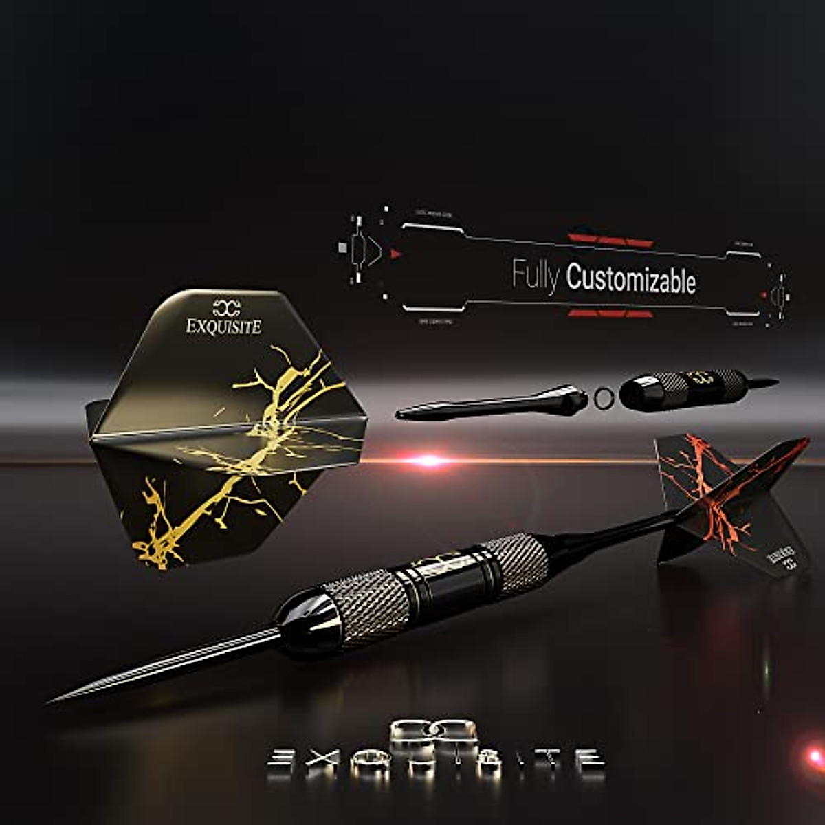 CC-Exquisite Professional Steel Tip Darts Set - 6 x 22g Brass Barrels with 12 Flights Standard/Slim, 12 Aluminum Shafts 35/48mm, 12 O-Rings, Dart Tool, Dart Sharpener and Case (Black & Gold)