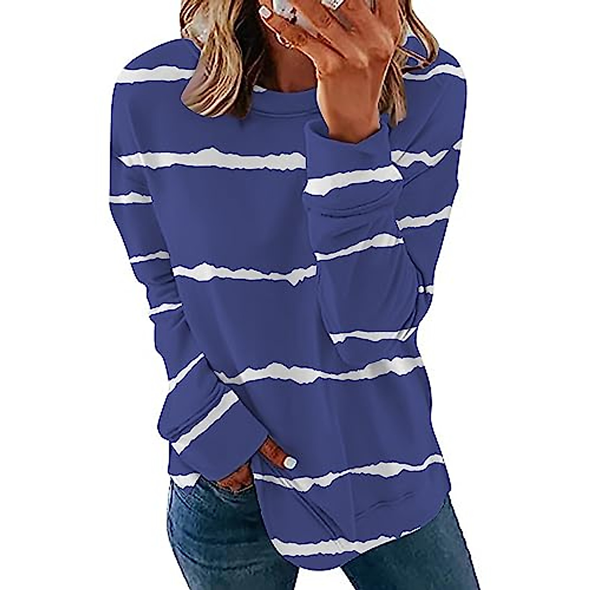 ysgfhgjw Long Sleeve Shirts for Women Crewneck Stripes Color Block Casual Blouses Pullover Comfy Loose Casual Tunics 2023