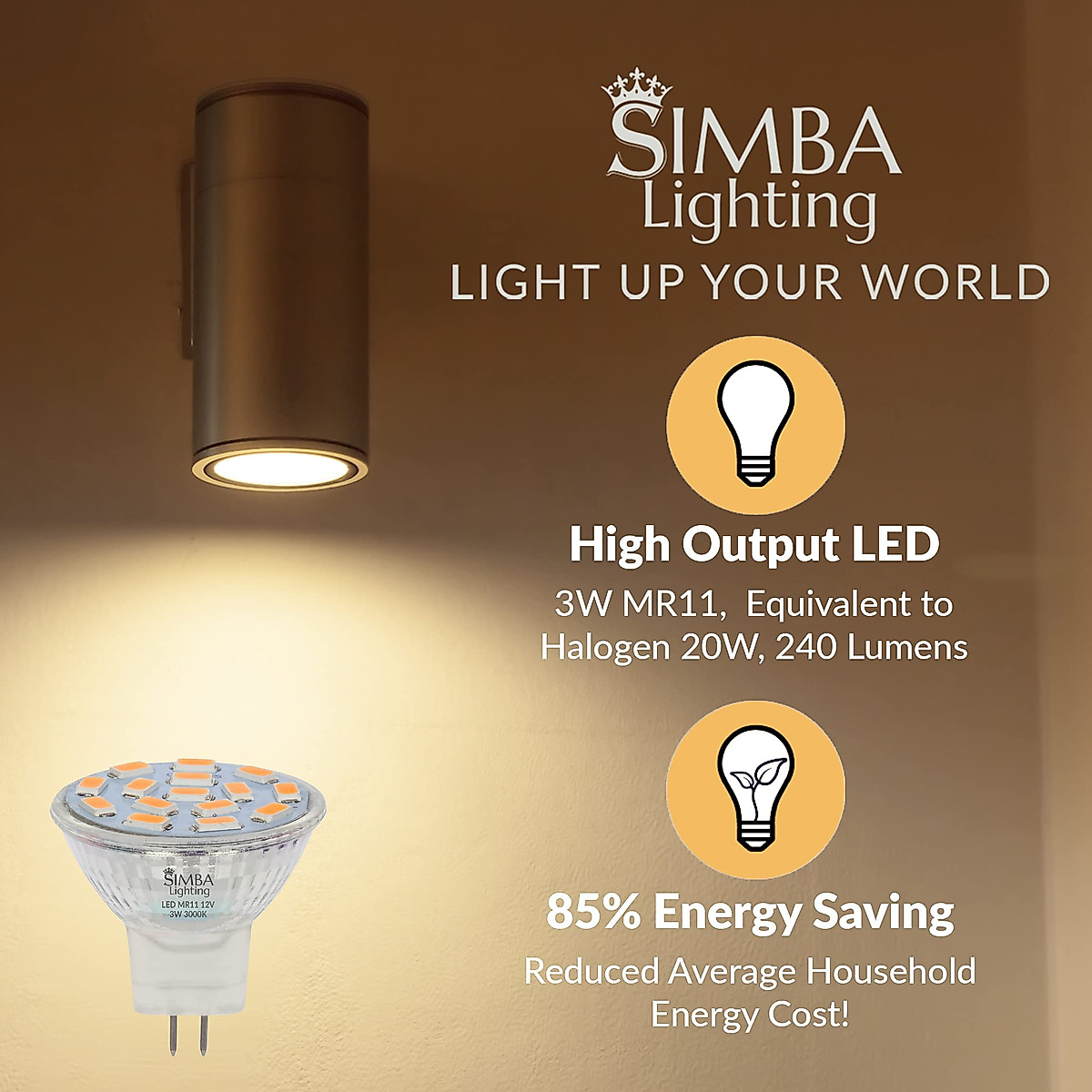 Simba Lighting LED MR11 Flood Light Bulbs (4 Pack) 12V 3W 20W Halogen Replacement 2-Pin 240lm for Landscape, Accent, Track Lights, and Christmas Tree Fiber Optics, GU4 Bi-Pin Base, 3000K Soft White
