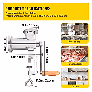 VEVOR Manual Stainless Steel Meat Grinder, 1.8" Clamp, 2 Grinding Plates, Sausage Stuffer, Ideal for Home Kitchen Restaurant Butcher’s Shop