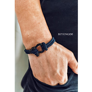 BIYONGDE Dark Blue Nautical Sailor Rope Wrap Bracelet Wristband Bangle Steel Screw Marine Anchor Shackles, Two-row