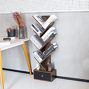 LAZYLAND Brown Bookshelf with Drawer, 6-Tier Floor Standing Tree Bookshelf, for CDs/Movies/Books, Utility Organizer Shelves for Home Office, Bedroom, Living Room
