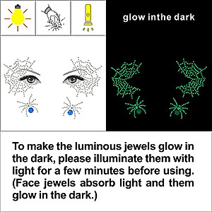 Noctilucent Face Jewels Temporary Tattoo-Luminous Face Gems Rhinestone Stickers Glow In Dark, Halloween, Rave Festival, Party Dress-up, Skeletons, Spiderwebs, Butterfly, Cat Costume Accessories(4Sets)