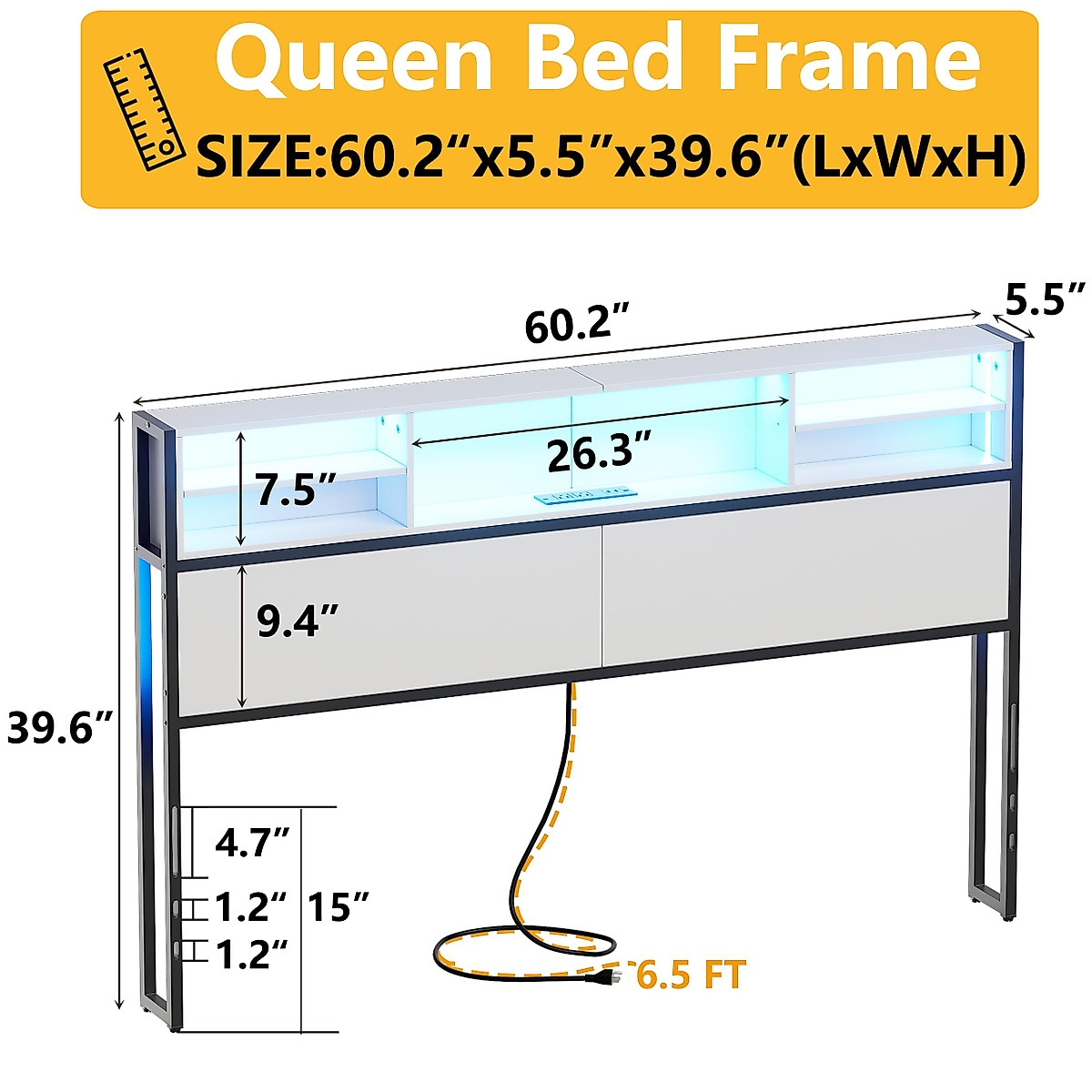 PAKASEPT Headboard Queen Size, Queen Headboards with Outlets, USB Ports and RGB LED Light, 4-Tier Storage Queen Head Board Only for Queen Size Bed, Height Adjustable, White