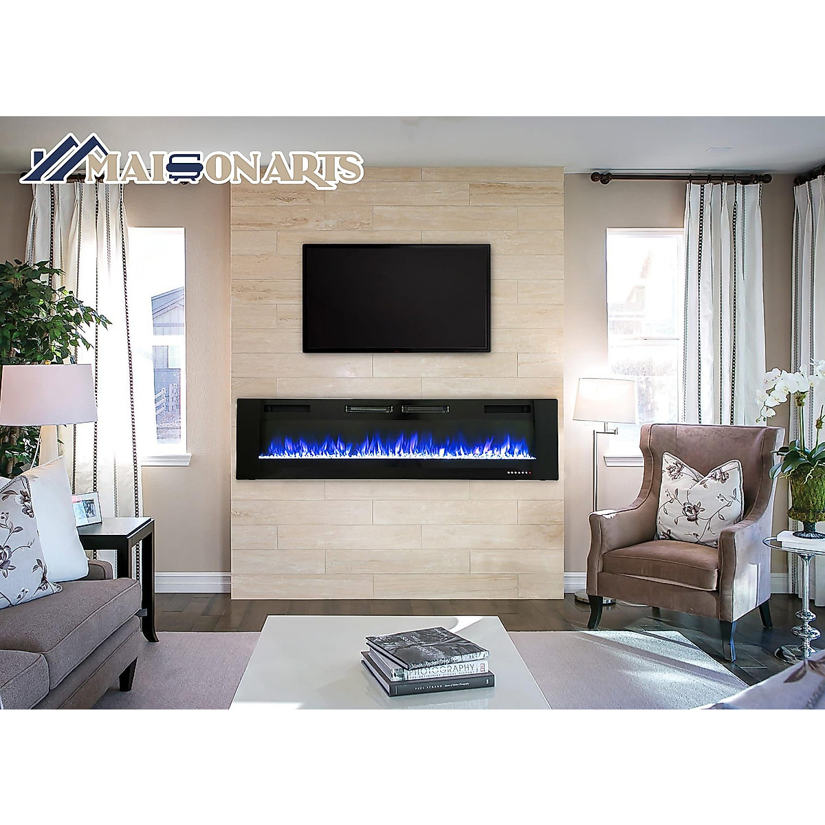 MAISON ARTS 72" Electric Fireplace Indoor Wall Mounted & Recessed Fireplace Heater with Remote Control & Touch Screen,8hrs Timer, Adjustable Flame & Bed Colors and Speed for Bedroom Living Room,1500W