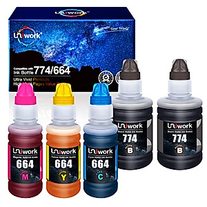 Uniwork Compatible Refill Ink Bottle Replacement for Epson 774 664 T774 T664 for ET-2650 ET-2550 ET-16500 ET-4500 ET-4550 ET-3600 ET-2600 ET-4550 Printer Tray (Black, Cyan, Magenta, Yellow, 5Pack)