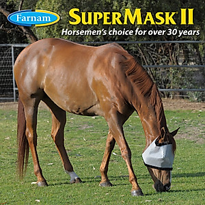 SuperMask II Shimmer Weave Mesh Horse Fly Mask Without Ears, Eye Protection from Insect Pests, Soft Silver Mesh with Black Plush Trim, Horse Size