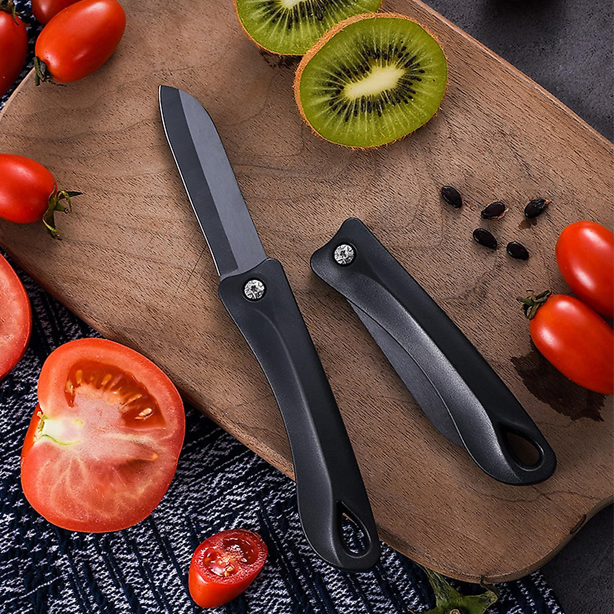 10MOONS Ceramic Folding Knife 7.6-inch Black Pocket Knife Razor-Sharp Paring Kitchen Knife with Ergonomic Handle