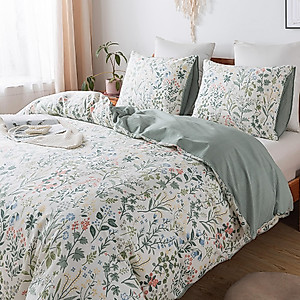 HoneiLife Duvet Cover Queen Size - 100% Cotton Comforter Floral Breathable Duvet Cover with Zipper Closure & Corner Ties,3pcs Wildflower Comforter Cover Sets- Fragrant Grass