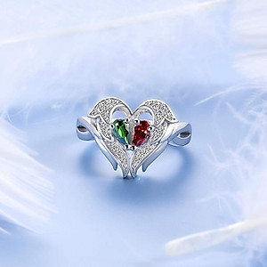 AILIN Custom Heart Angel Wings Two Birthstone Rings 925 Sterling Silver Personalized Inside Engraved Promise Rings Wedding Engagement Jewelry Gifts For Women Mother Girlfriends Wife