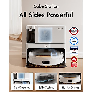 Yeedi Cube Robot Vacuum and Mop, Self Mop Drying and Washing, Self Emptying, 8mm Auto Mop Lifting, 2cm Obstacle Climbing, Sonic Mopping, 1L Water Tank, for Hard Floors, Carpet