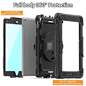 SEYMAC Case for iPad 6th/5th Generation Case 9.7 Inch, Full-Body Shockproof Heavy Duty Protective Case with Screen Protector, Rotating Stand/Hand/Shoulder Strap for iPad Air 2/ Pro 9.7, Black