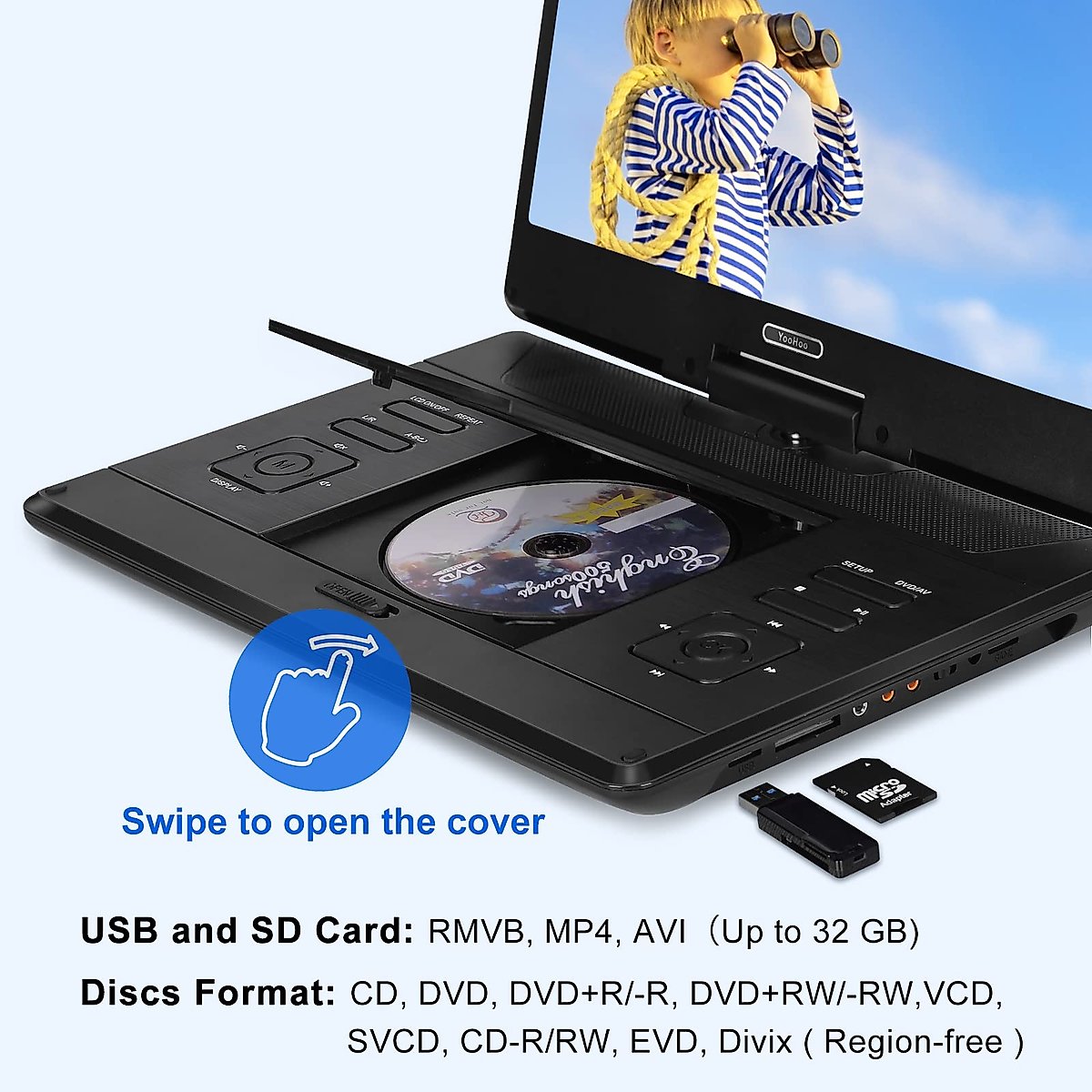 YOOHOO 16.9" Portable DVD Player with 14.1" Swivel HD Large Screen, DVD Player Portable with 6Hrs Playtime, Last Memory, Support USB/SD Card/Sync TV, Region-Free, Support Multiple Discs, Black