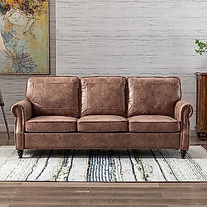 Dreamsir 79'' Traditional Faux Leather Sofa Couch with Nailhead Trim, Classic 3-Seater Sofa with Rolled Arms for Living Room, Bedroom, Apartment, Easy Assembly (Dark Brown)