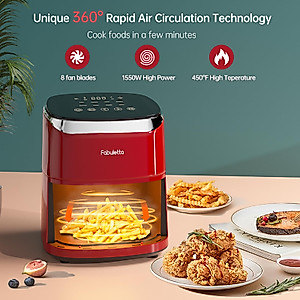 Air Fryers 4 Qt, Fabuletta 9 Cooking Functions Smart Air Fryers, Shake Reminder, Powerful 1550W Electric Hot Air Fryer,Tempered Glass Display, Dishwasher-Safe & Nonstick, Quiet, Fit for 2-4 People