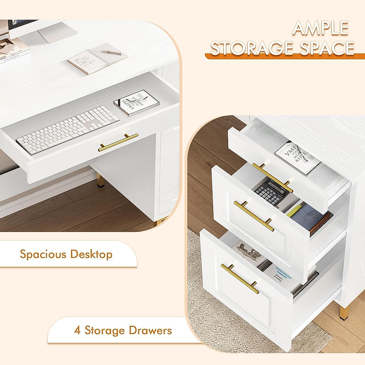 4 EVER WINNER White Desk with Drawers, 43” Home Office Small Desk with Drawers, Gold Hardware for Small Space, White and Gold Desk Writing Study Table for Bedroom