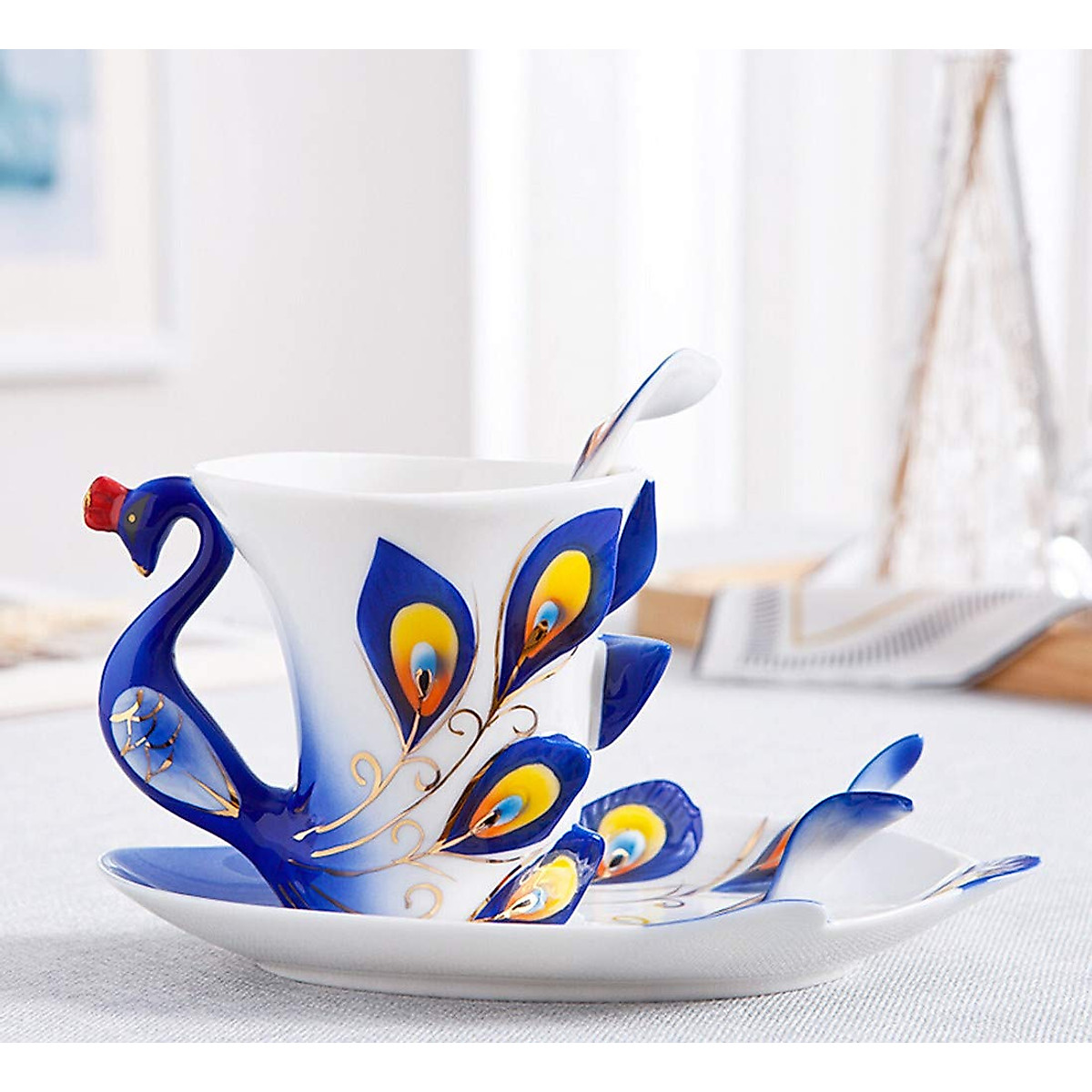 GloDeals Hand Crafted Peacock Tea Coffee Cup Set with Saucer and Spoon Delicate Porcelain Mug for Mom Women Grandma Gift Women’s Day Gift(Blue)