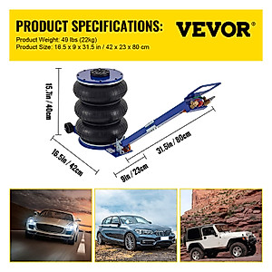VEVOR Air Jack, 5 Ton/11000 lbs Triple Bag Air Jack, Lift Up to 15.75 Inch, 3-5S Fast Lifting Air Bag Jack for Cars with Adjustable Long Handle (Blue)