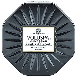 Voluspa Makassar Ebony & Peach Candle | 3 Wick Tin | All Natural Wicks and Coconut Wax for Clean Burning | 12 Oz.