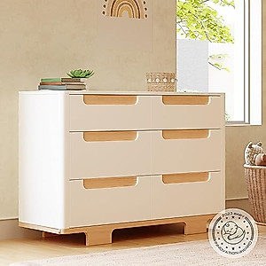 babyletto Yuzu 6-Drawer Dresser in White and Natural, Greenguard Gold Certified