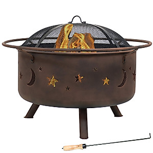 Sunnydaze 30-Inch Cosmic Fire Pit with Cooking Grill Grate, Spark Screen, and Fireplace Poker and Round Gray/Black Heavy-Duty 300D Polyester 2-Tone 30-Inch x 12-Inch Outdoor Fire Pit Cover Bundle
