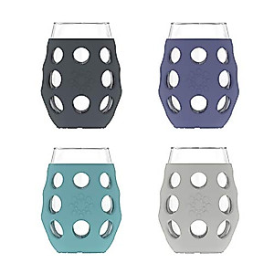 Lifefactory 11-Ounce Indoor/Outdoor Wine Glass with Protective Silicone Sleeve, 4-Pack, Carbon, Dusty purple, Aqua teal, & Cool grey