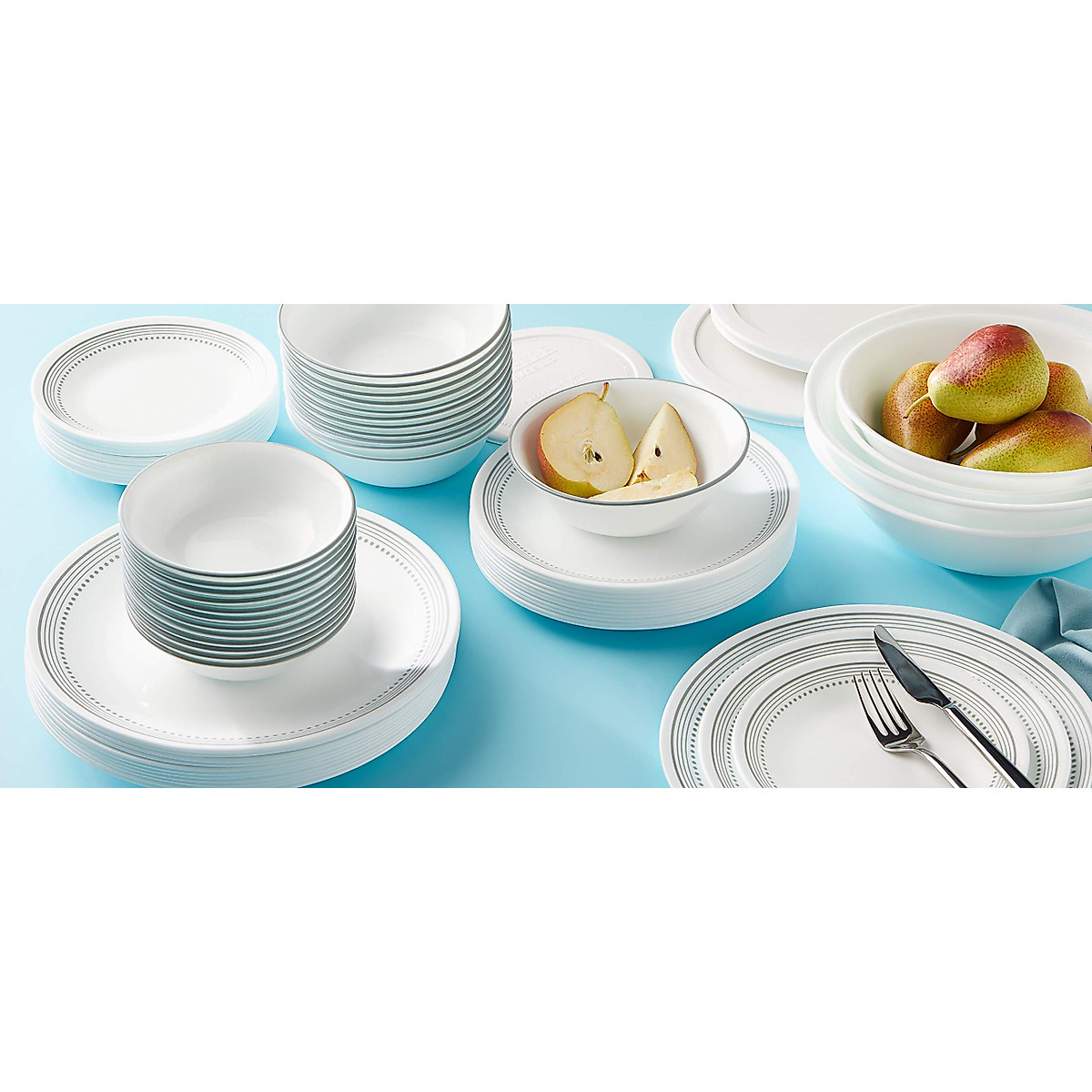 Corelle Vitrelle 78-Piece Service for 12 Dinnerware Set, Triple Layer Glass and Chip Resistant, Lightweight Round Plates and Bowls Set, Mystic Gray