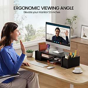 AMERIERGO Monitor Stand Desk Organization with DIY Storage Space, Monitor Riser Stand with Storage with 2 Slots & Phone Holder, Computer Stand 2 Tier for Home Office Use