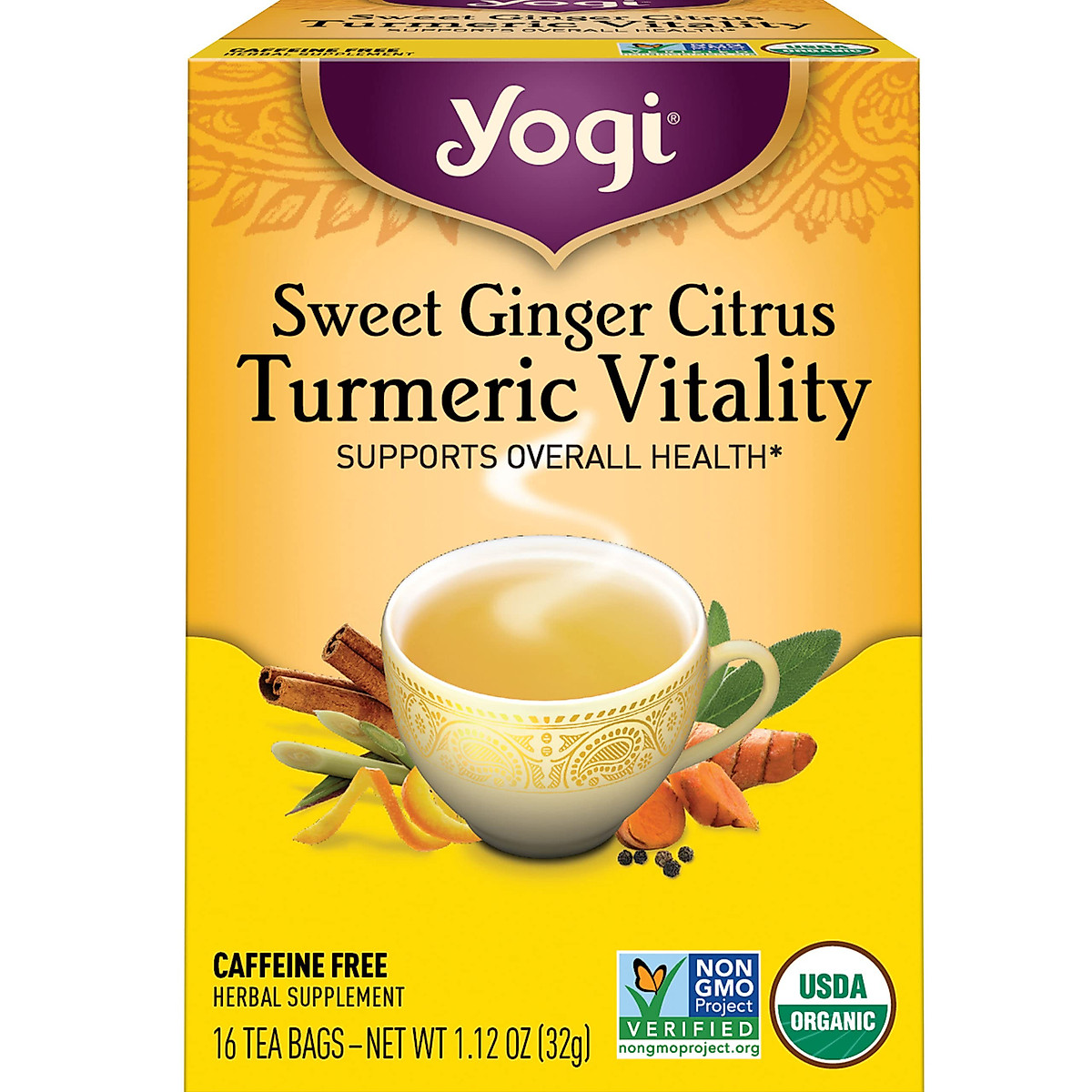 Yogi Tea Sweet Ginger Citrus Turmeric Vitality Tea - 16 Tea Bags per Pack (4 Packs) - Organic Ginger Turmeric Tea - Supports Well-being - Includes Turmeric Root, Ginger Root, Cinnamon Bark & More