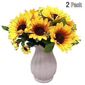 PASYOU Artificial Sunflower Plastic Fake Flowers Sunflowers for Indoor Outdoor Wedding Bridal Bouquet Home Garden Party DIY Wreath Table Arrangement Decoration Pot Planter Filler 2 pcs
