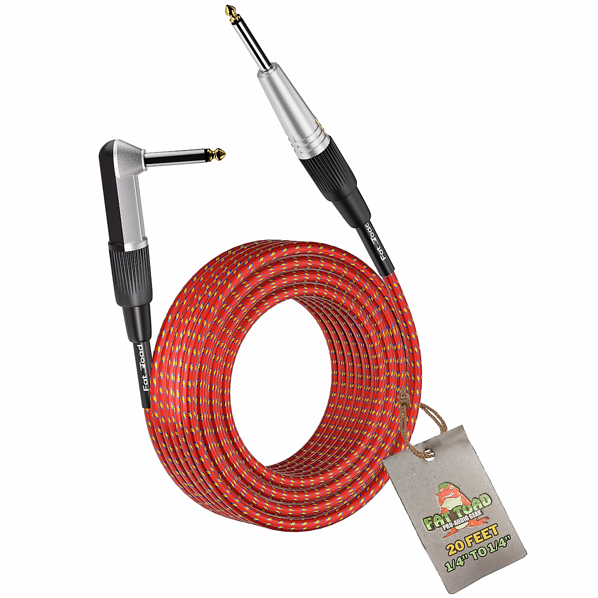 Fat Toad Guitar Cable Right Angled to 1/4 Straight-End Instrument Cord Tweed Cloth Jacket Braided Woven 20FT Quarter Inch Gold Jack TS for Electric Guitar, Bass, Keyboards | Shielded 24 AWG Patch