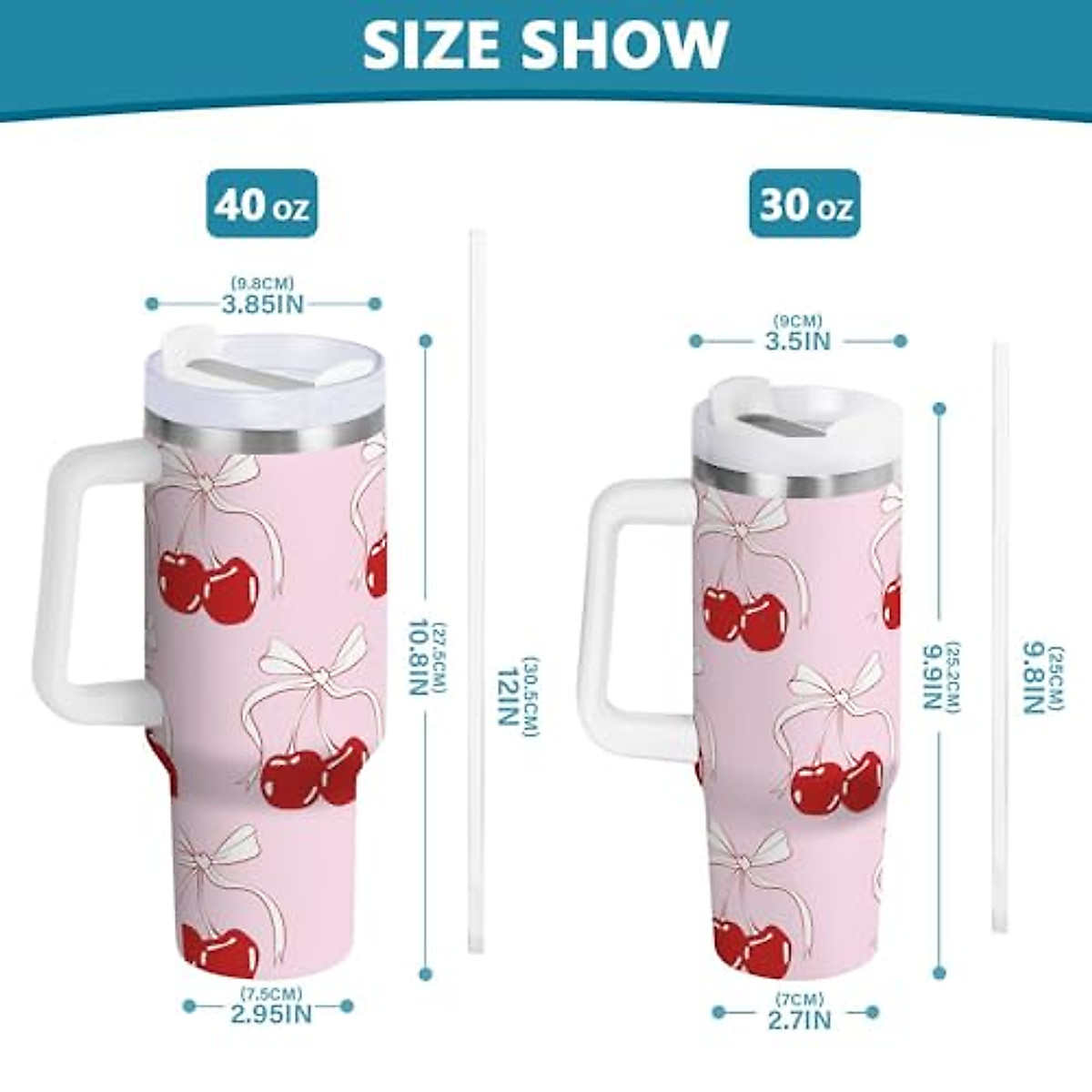 OTVEE 30oz Cherry Bow Tie Ribbon Tumbler with Handle and Straw, Double Wall Vacuum Reusable Stainless Steel Insulated Water Bottle Travel Mug Cup for Hot and Cold Drinks