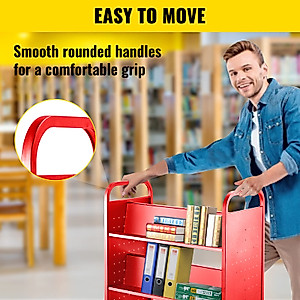 VEVOR Book Cart, 200lbs Library Cart, 35x19x49 Inch Rolling Book Cart Double Sided W-Shaped Sloped Shelves with 4-Inch Lockable Wheels for Home Shelves Office and School Book Truck in Red