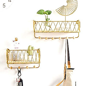 DoxiGlobal Wall Mount Mail Holder Entryway Storage Organizer with Shelf Wood Key Hooks Metal Mail Sorter Coat Rack Wire Mesh Storage Basket for Magazines Keys Wallets Leashes Plant (Gold, S-4 Hooks)