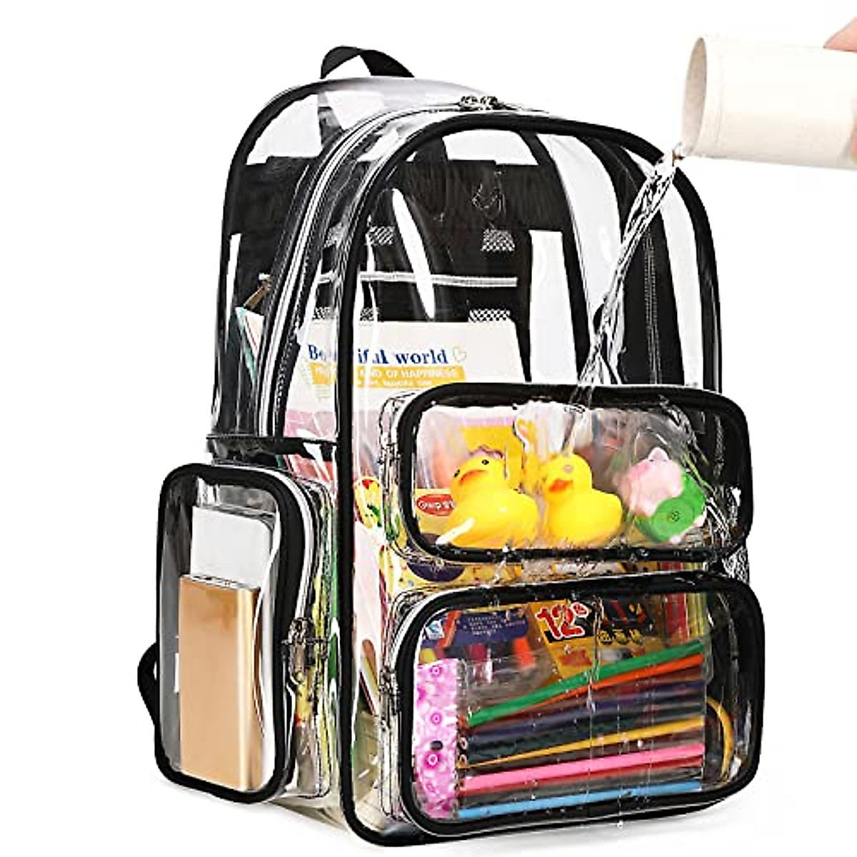 CAMTOP Clear Backpack Heavy Duty Transparent Bag See Through BookBag for Student School Work Festival Sport Travel (Black)