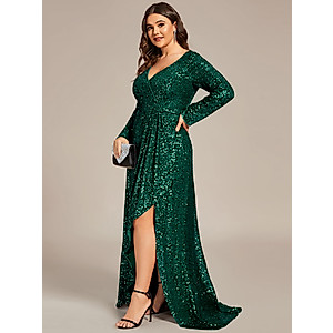 Ever-Pretty Women's V-Neck Sequin A-Line Pleated Long Sleeves Midi Plus Size Dress Ball Gowns Dark Green US20