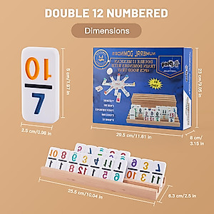 PUREPLAY Mexican Train Dominoes Set with Numbers - Double 12 Colored Number Dominoes - Includes 91 Tiles with 9 Trains, 4 Wooden Trays and Storage Bag for 2-8 Players Ages 8+